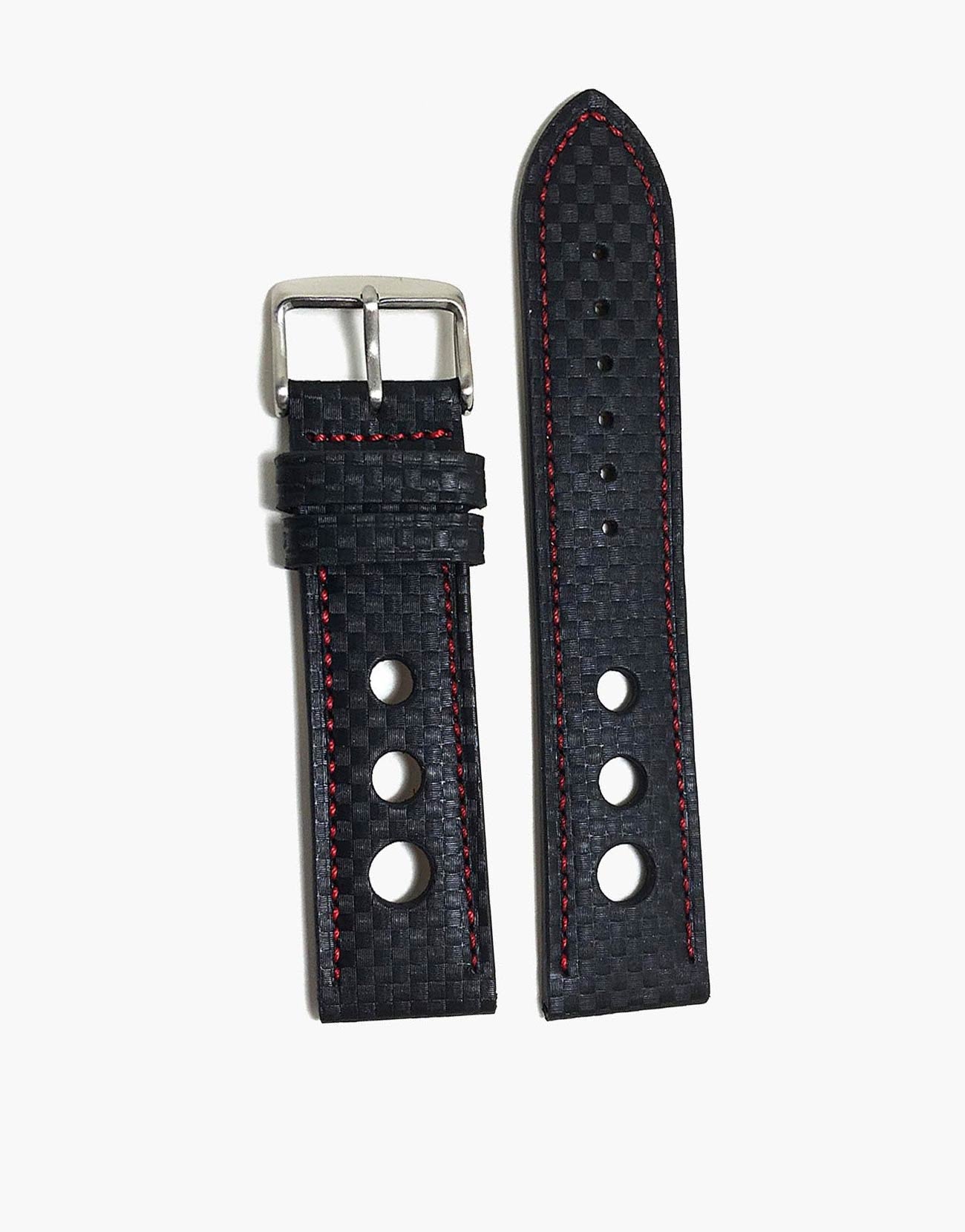 20mm Watch Bands Leather Carbon Fiber Black-Red Stitching Grand Prix ...